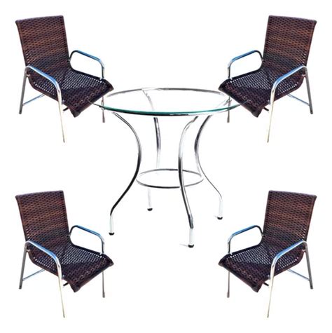 Jogo Conjunto De Mesa 4 Cadeiras Fibra Para Piscina Jardim