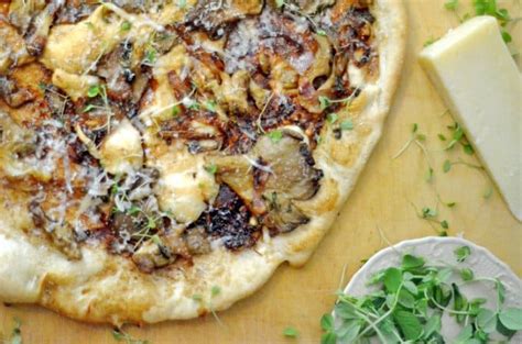 Balsamic Mushrooms On Pizza With Caramelized Shallots And Mircrogreens