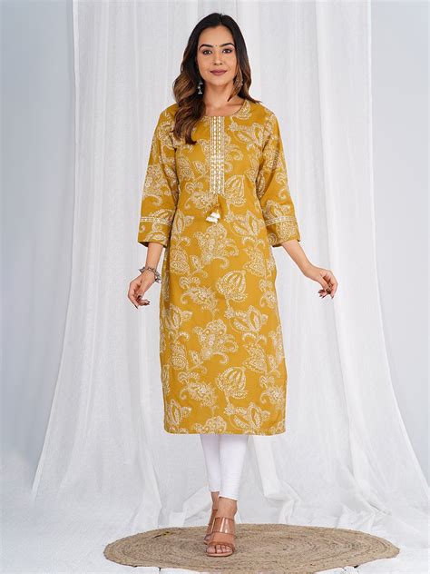 Buy Kalini Floral Printed Round Neck Gotta Patti Cotton Straight Kurta