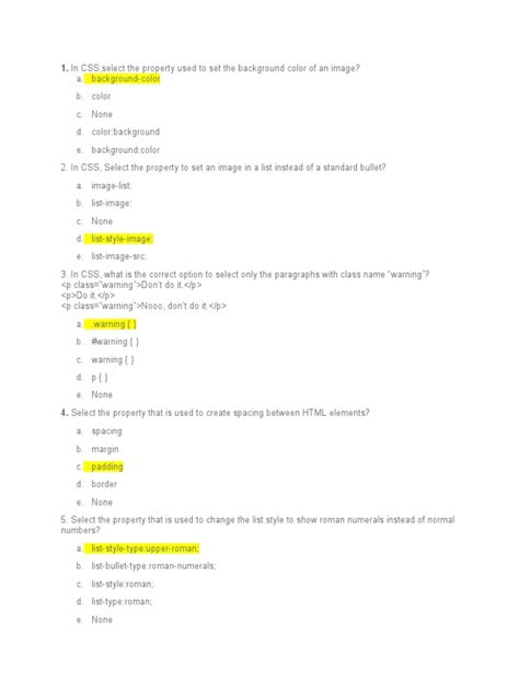 Trac Nghiem Css P1 Key Pdf Html Element World Wide Web
