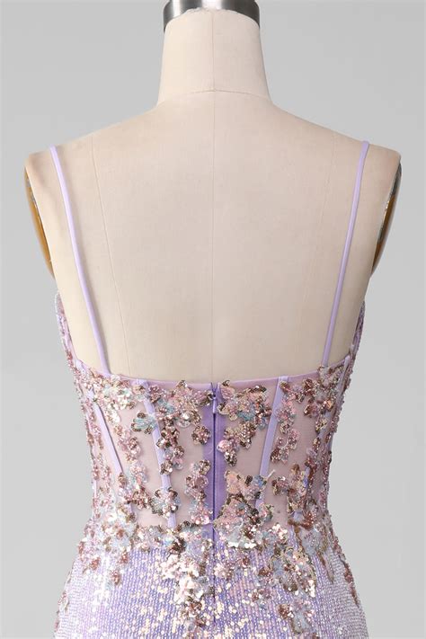 Zapakasa Women Lilac Sparkly Spaghetti Straps Mermaid Prom Dress With Slit