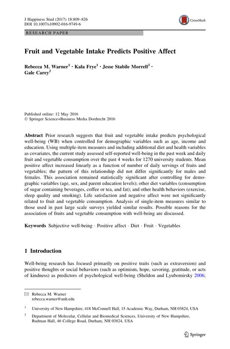 Pdf Fruit And Vegetable Intake Predicts Positive Affect