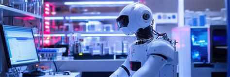 robot works in advanced laboratory with blinking lights and multiple