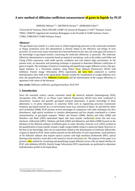 Pdf A New Method For Measuring Diffusion Coefficient Of Gases In Liquids By Plif