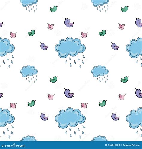 Birds And Clouds Pattern Spring Doodle Background Seamless Vector