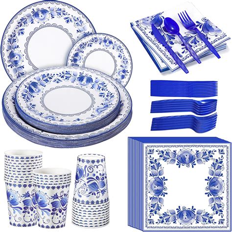 Amazon Zhehao 127 Pcs Blue And White Floral Disposable Tableware Set Serves 25 Guests