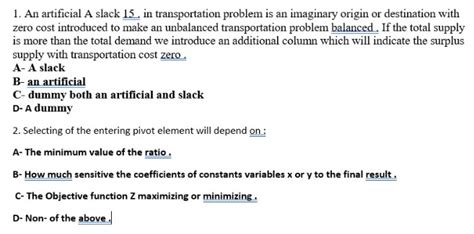 Solved 1 An Artificial A Slack 15 In Transportation Problem