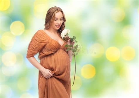 Happy Pregnant Woman With White Rose Flower Stock Image Image Of