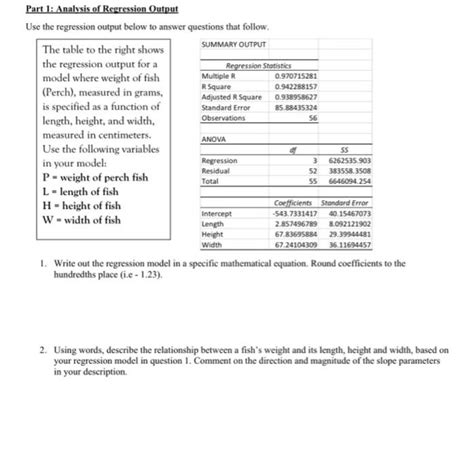 Part 1 Analvsis Of Regression Output Use The