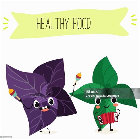 벡터 만화 캐릭터 바질 그린과 보라색 재미있는 캐릭터 농장 신선한 수확 농업 유기농 채소 또는 채식 제품 허브 조미료 건강한 생활방식에 대한 스톡 벡터 아트 및 기타 이미지