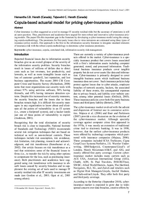 Pdf Copula Based Actuarial Model For Pricing Cyber Insurance Policies