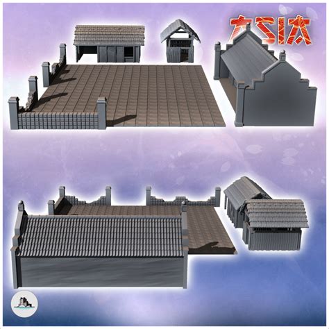 3D Printable Set Of Two Asian Buildings With Large Paved Courtyard And