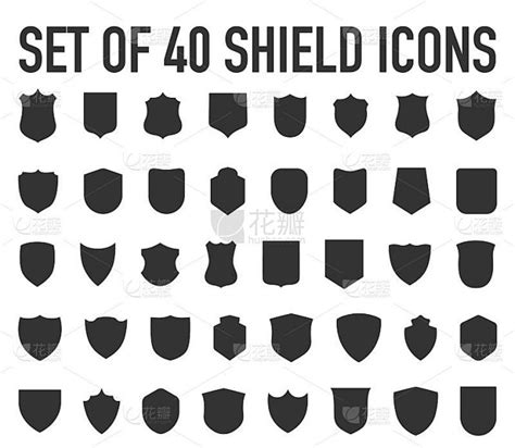 警察徽章的形状。40图标矢量军事盾牌剪影。安全补丁隔离在白色背景。插图盾牌形状保护，黑色安全和足球徽