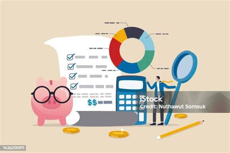 예산 계획 또는 소득 관리 지출 및 지출 보고서 또는 투자 대차 대조표 부채 계산 및 분석 계산기 및 차트가있는 돋보기 계획 예산을 가진 사업가 가계에 대한 스톡 벡터 아트