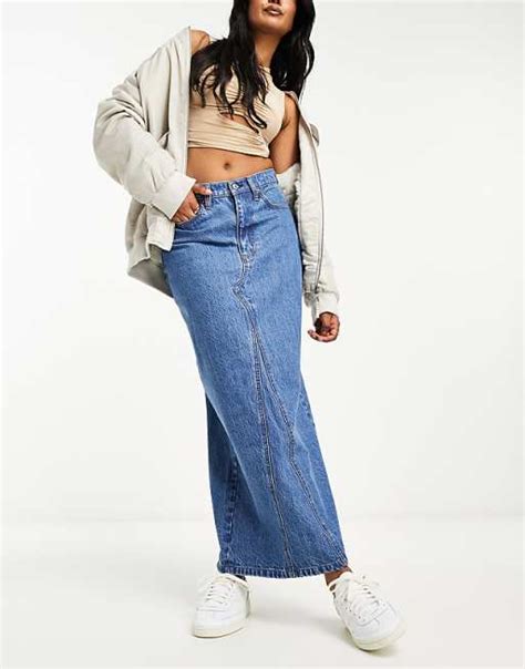 Abercrombie And Fitch Jupe Longue En Jean à Taille Haute Bleu Moyen