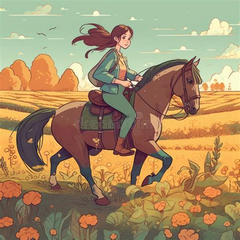 A Girl Riding On A Horse Cartoon Illustration With Generative Ai Stock