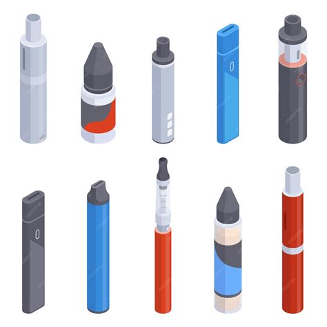 아이소메트릭 전자 담배 디지털 Vape 펜 및 Ecigarette Vape 연기 액세서리 3d 벡터 그림 세트 프리미엄 벡터