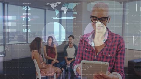 Facilitator Woman Leading Business Meeting Overlaying Animated Pie Charts And Bar Graphs Stock