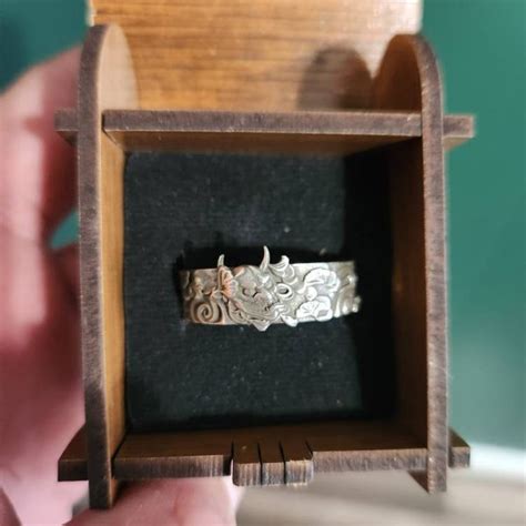 Silver Japanese Hannya Ring Oni Mask Wide Band Ring Demon Engraved