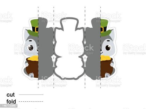 녹색 레프러콘 모자를 쓴 귀여운 늑대가 금화로 중산을 들고 있다 아일랜드 휴일 민속 테마 긴 인사말 카드 템플릿을 접습니다 인쇄 가능한 색 구성표 인쇄 잘라 내기 접기 벡터