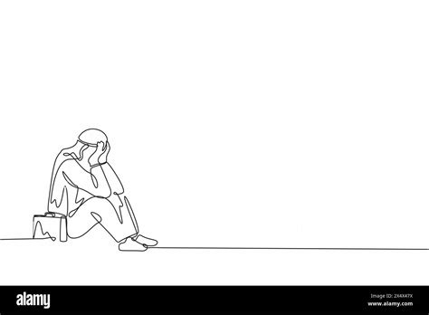 Single Continuous Line Drawing Arabian Businessman Feeling Sad And