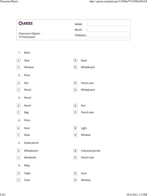 Classroom Objects Pdf