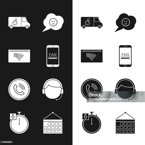 Faq 정보 인터넷 연결 없음 자동차 서비스 말풍선 화난 미소 전화 통화 남자 헤드셋 캘린더 및 스톱워치 아이콘으로 모바일을