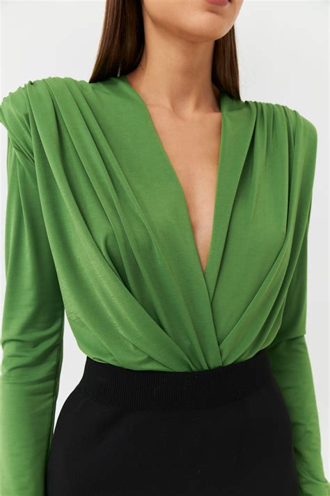 Kruvaze Yaka Yeşil Bodysuit Tuba Butik