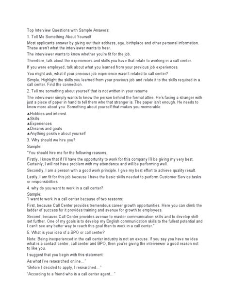 Top Interview Questions With Sample Answers Pdf Call Centre Interview