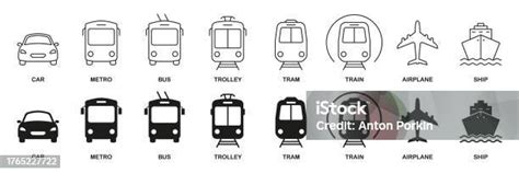 公共交通機関の路線とシルエットのアイコンをセット車種ピクトグラム車バス電車地下鉄船鉄道航空輸送飛行機のシンボルコレクション道路標識孤立した