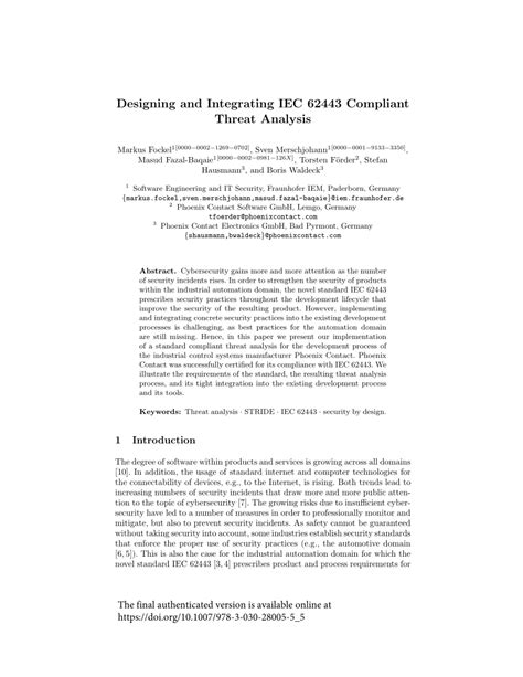 Pdf Designing And Integrating Iec 62443 Compliant Threat Analysis