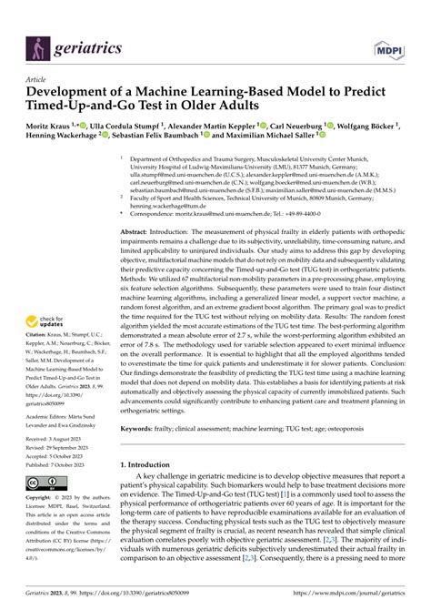 Pdf Development Of A Machine Learning Based Model To Predict Timed Up