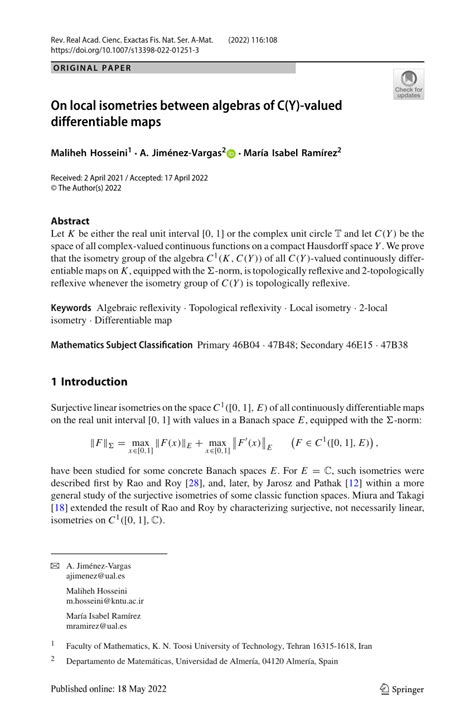 Pdf On Local Isometries Between Algebras Of C Y Valued Differentiable Maps