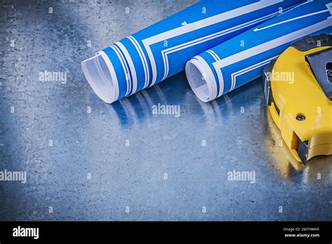 Blue Construction Plans Tape Line On Metallic Background Maintenance