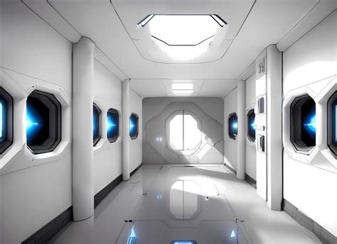 Premium Ai Image The Hallway Of The Spaceship With Windows And A Light On The Ceiling