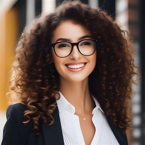 Premium Photo Cheerful Curly Business Girl Wearing Glasses