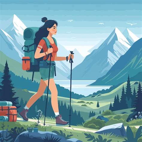 Premium Vector Adventure Woman Hiker Enjoying Hiking In Mountains