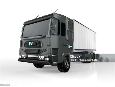Ev 물류 트레일러 트럭 또는 흰색 배경에 트럭 교통수단에 대한 스톡 사진 및 기타 이미지 교통수단 깨끗한 녹색 기술 Istock