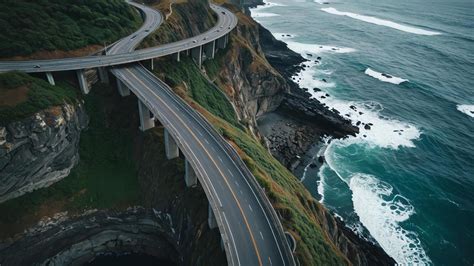 Aerial View Of Highway Road Overpass On Mountain Cliff 46253844 Stock