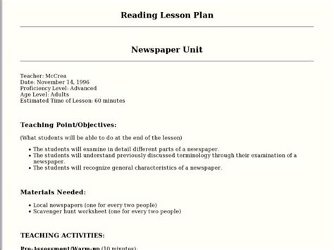 Newspaper Unit Reading Lesson Plan Lesson Plan For 10th Higher Ed