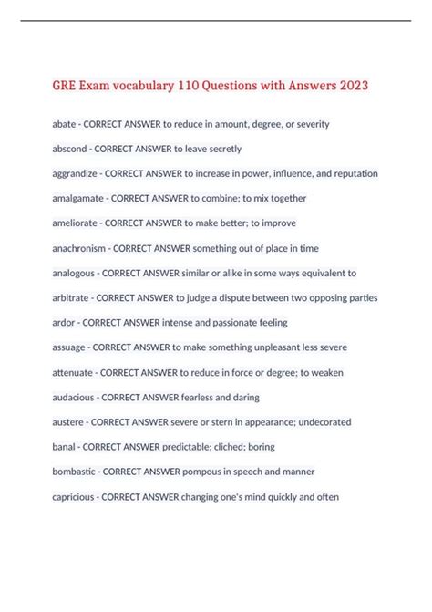 Gre Exam Vocabulary 110 Questions With Answers 2023100 Correct