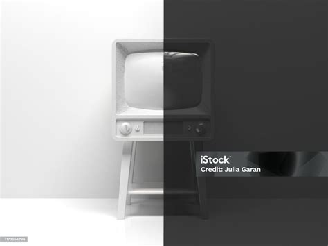 내부에 있는 오래된 흑백 Tv는 중간에 두 부분으로 반으로 나뉘어져 있습니다 절반은 흰색 나머지 절반은 검은색입니다 창조적 인 개념 일러스트레이션 3d 렌더링 가정의 방에