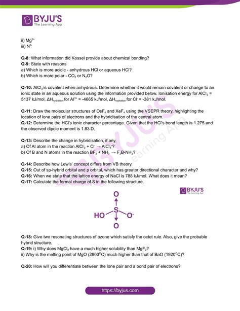 Class 11 Chemistry Worksheet On Chapter 4 Chemical Bonding And