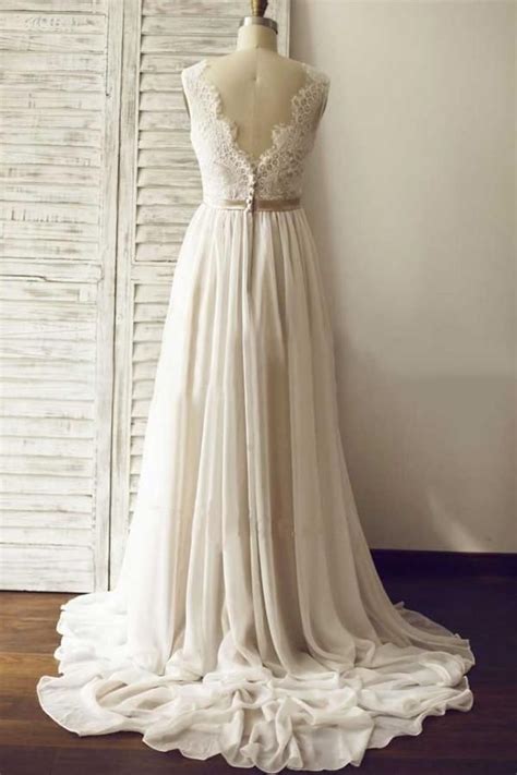 A Line Lace Chiffon Beach Wedding Dress Fashion Custom Made Bridal Dr
