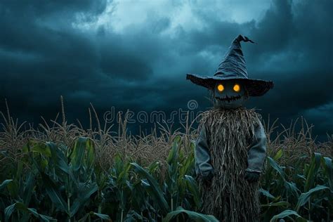 Spooky Scarecrow Standing In A Cornfield Under A Full Moon Stock Image