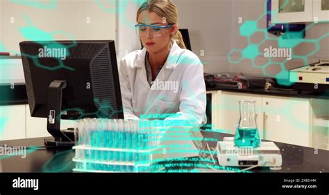 image of medical data processing against caucasian female scientist