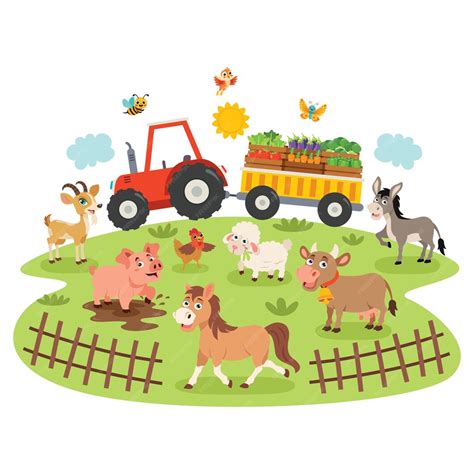 Premium Vector Farm Scene With Cartoon Animals