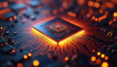 Extreme Close Up Of Quantum Processor Chip With Glowing Orange