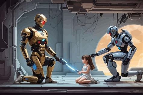 Cyborg And Human Interaction Illustration Premium Ai Generated Vector