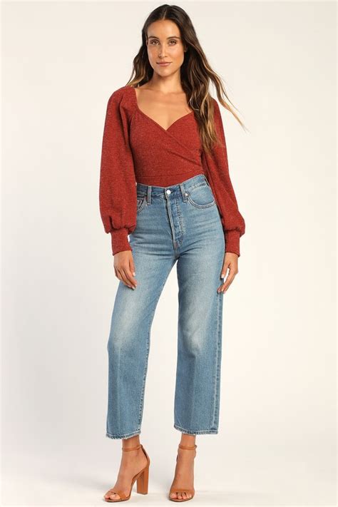 Cute Rust Red Top Long Sleeve Crop Top Sweater Knit Top Lulus